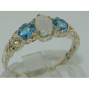 LetsBuyGold 925 Sterling Silver Natural Opal and Blue Topaz Womens Promise Ring - Size 6.5