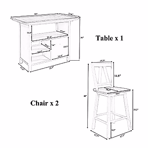 Knocbel Farmhouse 2-Person Counter Height Dining Table Set, 3-Piece Dinette Set with Storage Cabinet and Open Shelves, Kitchen Dining Room Small Space Furniture Set (Walnut and Distressed White)