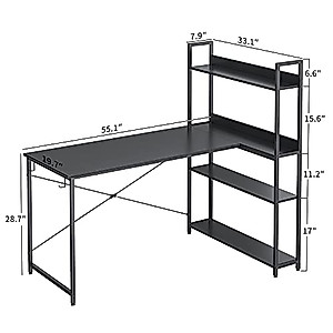 CubiCubi Computer Corner Desk with Storage Shelves, 55 Inch Reversible Small L Shaped Computer Desk, Home Office Writing Desk with 2 Hooks, Black