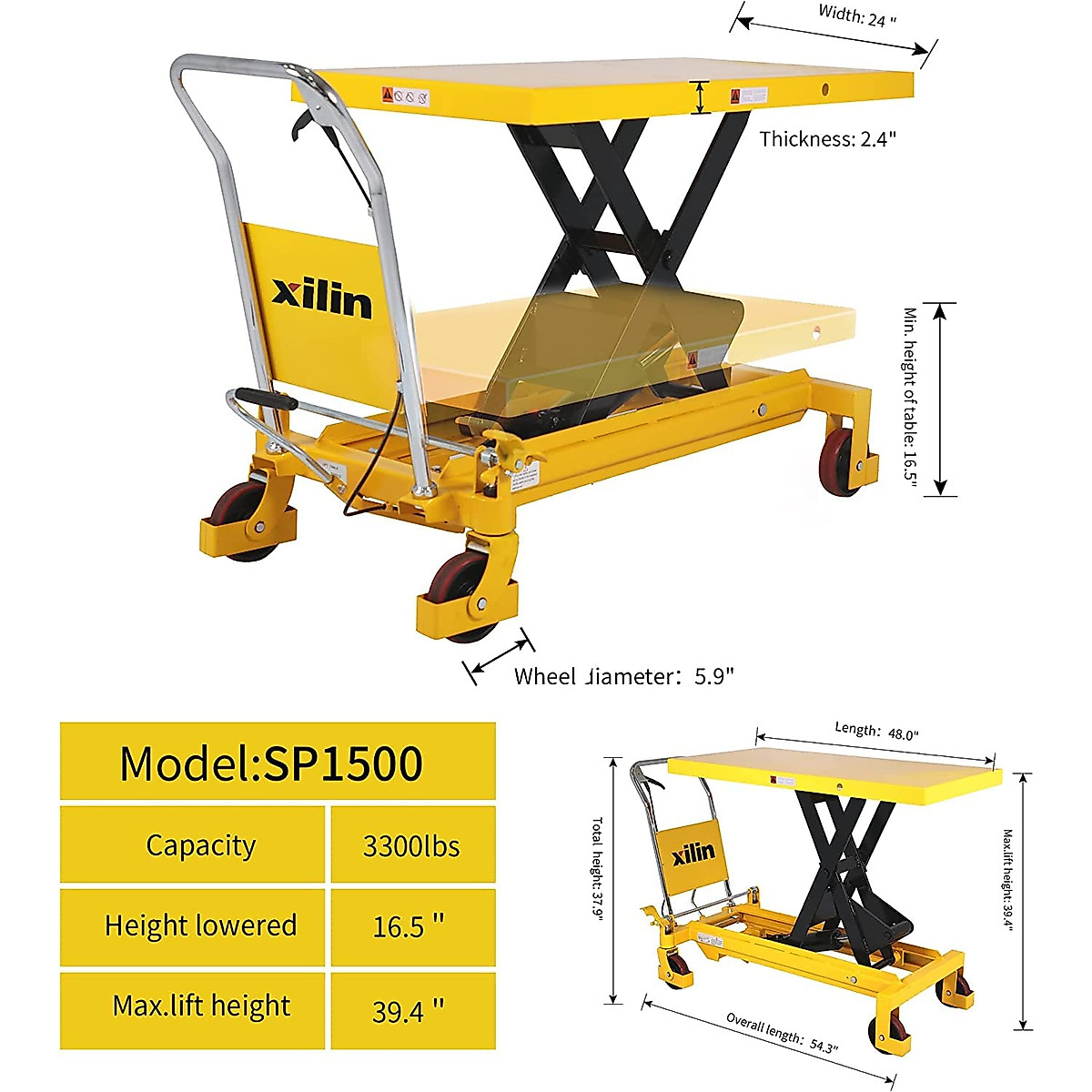 Xilin Scissor Hydraulic Lift Table Cart 3300LBS Capacity 39.4''Lifting Height and 330lb Push Cart Dolly Foldable Platform Truck with Mute Wheel