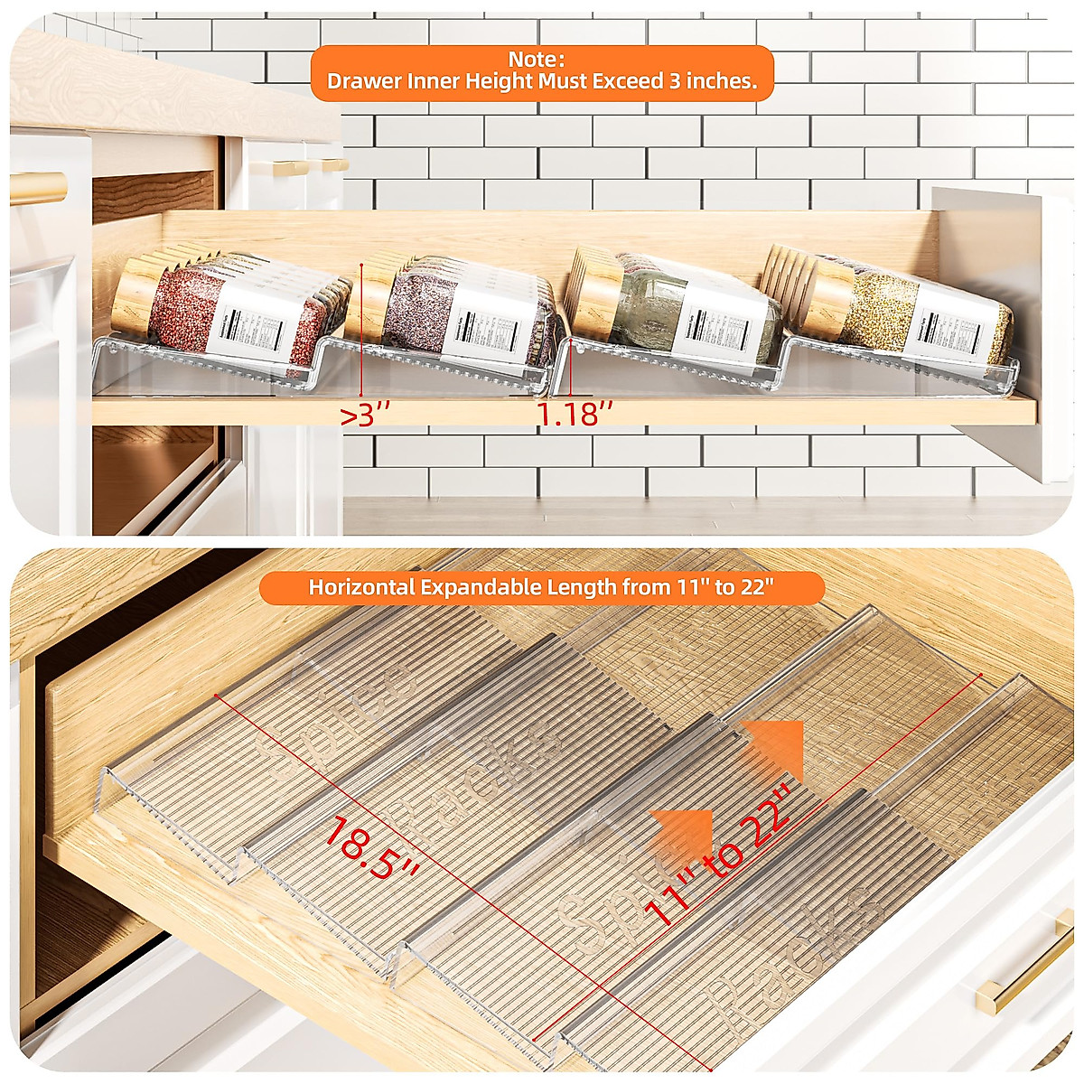 PanPanPal Spice Drawer Organizer, 4 Tier- 4 Pack Clear Acrylic Drawer Seasoning Organizer, Expandable From 11'' to 22'' Kitchen Spice Rack Organizers and Storage for Drawer (Jars not included)