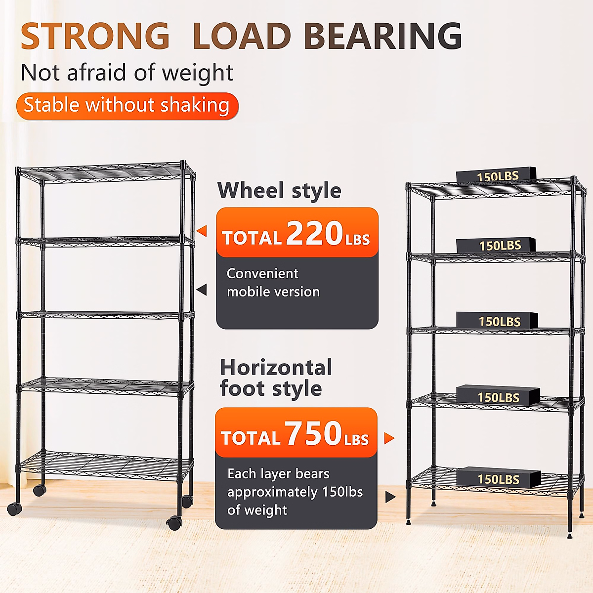FDW Adjustable 5-Tier Metal Shelf with Wheels, 250 lbs Capacity, Easy Assembly, Ideal for Small Spaces