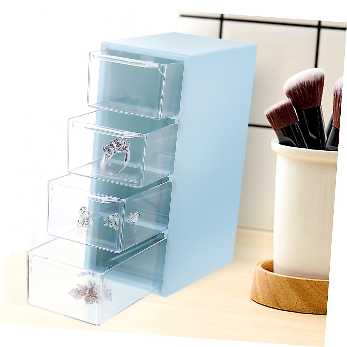 Ciieeo Box Jewelry Storage Box Clear Plastic Storage Bins Jewelry Case Storage Drawer Makeup Storage Cabinet Desk Top Organizer Clear Dresser Storage Shelves Plastic Small Tool