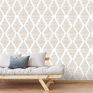 Yun-aeon 17.7" X 120" White and Beige Stripe Peel and Stick Wallpaper Modern Diamond Contact Paper Geometric Removable Wallpaper Self Adhesive Wall Paper for Bedroom Drawers Cabinets Decor Vinyl