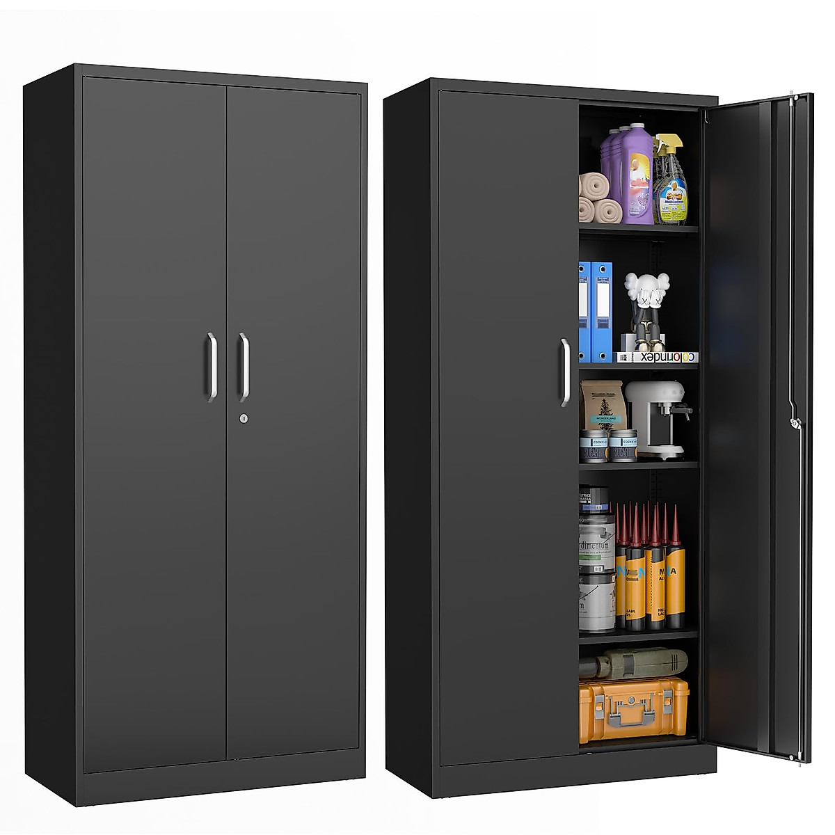 Metal Garage Storage Cabinet, Locking Garage Tool Cabinet, 71"Tall Steel Storage Cabinets with Doors and Adjustable Shelves, Locker Black Metal Tool Cabinets for Garage, Home Office, Assembly Required