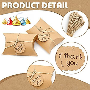 Saihisday 50PCS Kraft Pillow Boxes, 5.2x3.5x1.6 Inches Candy Favor Paper Box, Brown Gift Box with Tag for Candy Chocolate Bakery Birthday Graduation Wedding Party ("Thank you" Text Tag)