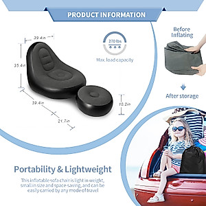 Bean Bag Chair-Inflatable Chair with Foot stool-Lounge Chair-Gaming Chair for Kids-Portable Blow Up Couch-Folding Chair-Waterproof Companion Chair for Party/Room/Camping/Outdoor Film (Black)