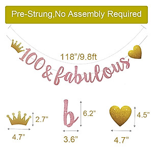 100 & fabulous Banner, Pre-Strung, No Assembly Required, Funny Rose Gold Paper Glitter Party Decorations for 100th Birthday Party Supplies, Letters Rose Gold,ABCpartyland