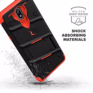 ZIZO Bolt Series for LG Escape Plus Case | Heavy-Duty Military-Grade Drop Protection w/ Kickstand Included Belt Clip Holster Tempered Glass Lanyard (Black/Red)