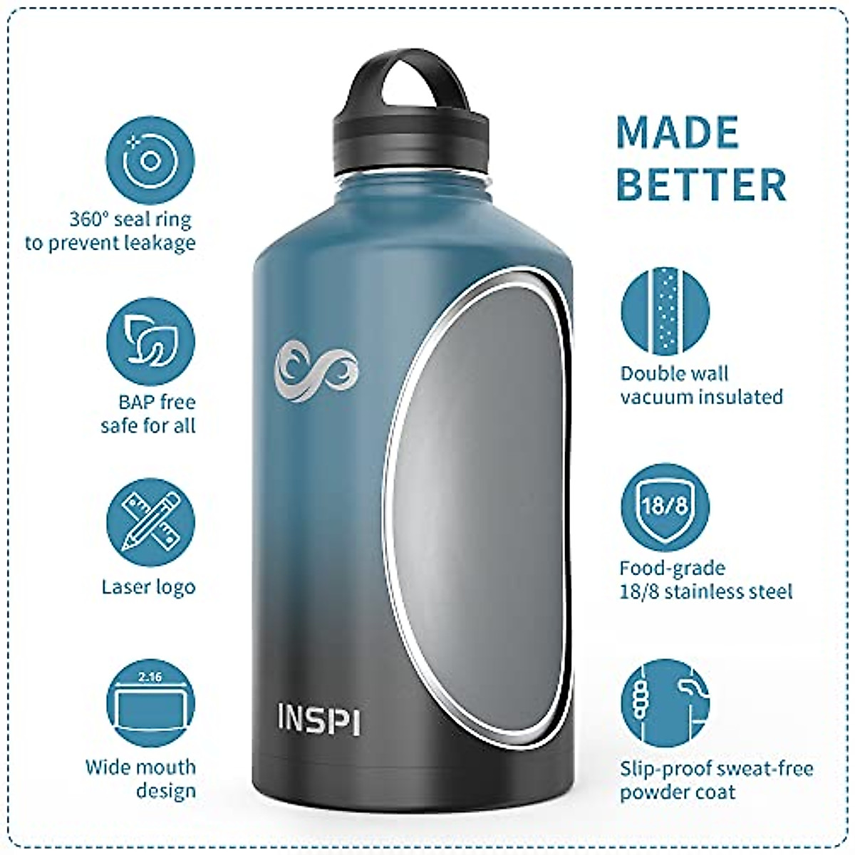 Water Bottle Insulated, INSPI Gallon Water Bottle with Straw&3 Lids, Large Wide Mouth Triple Wall Vacuum Stainless Steel Metal Hydro Jug, Keep Cold for 48Hrs and Hot for 24Hrs, (Indigo/Black, 128oz)