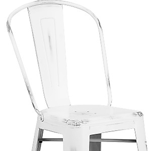 EMMA + OLIVER Commercial Grade 30" H Distressed White Metal Indoor-Outdoor Barstool w/Back