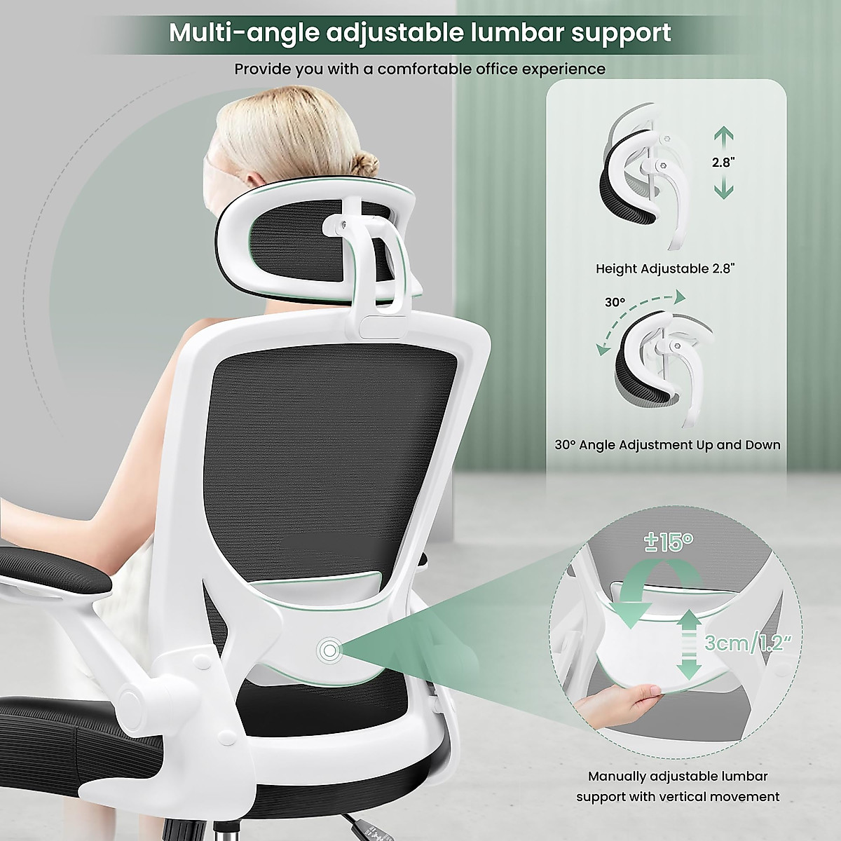 KERDOM Ergonomic Office Chair, Breathable Mesh Desk Chair, Lumbar Support Computer Chair with Headrest and Flip-up Arms, Swivel Task Chair, Adjustable Height Gaming Chair, White