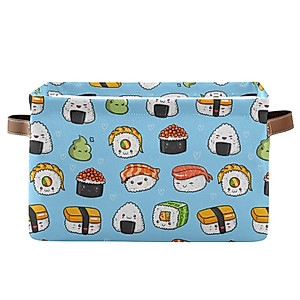 YEGAME Storage Basket Sushi Rectangular Collapsible Canvas Shelves Storage Bins with Leather Handles for Shelves Home Closet Bedroom Living Room, 1Pack