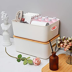 Citylife 2 PCS Storage Bins with Bamboo Lids Plastic Storage Containers for Organizing Stackable Storage Box with Handle, 15.12 x 10.67 x 5.98 inch