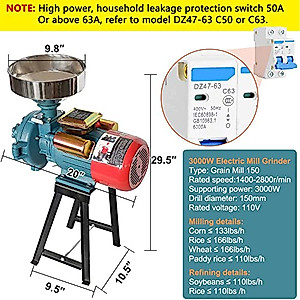 Electric Grain Mill, 3000W 110V Heavy Duty Mill Grinder Heavy Duty Grain Grinder Commercial Electric Feed Mill Dry Cereals Grinder Corn Grain Coffee Wheat Feed Machine With Funnel