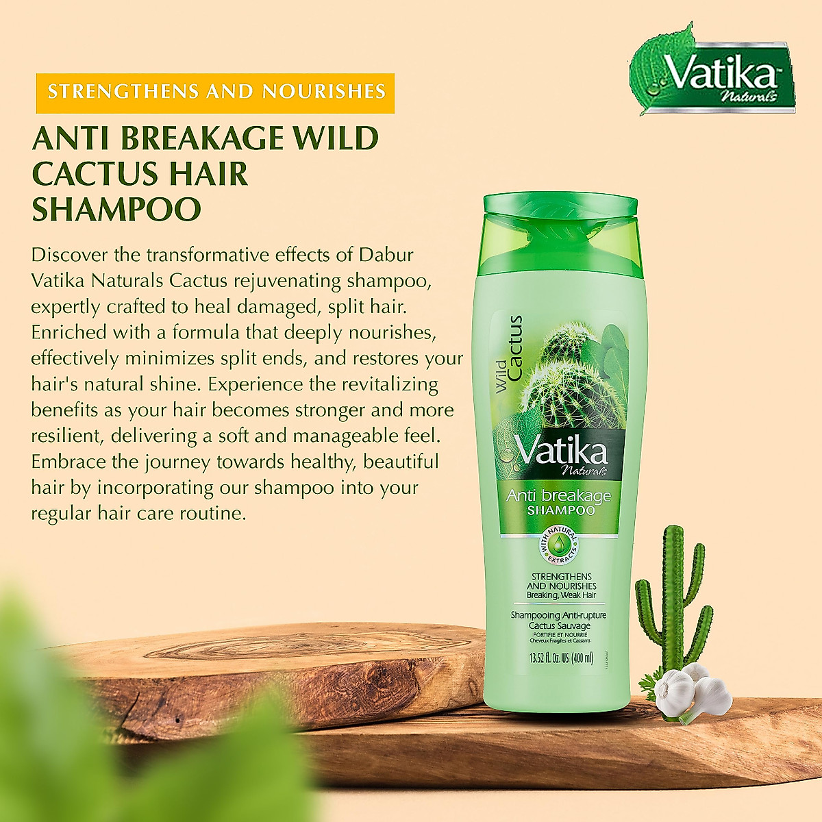 Dabur Vatika Naturals Shampoo for Women - Nourish and Rejuvenate Your Natural Hair - Strengthening & Moisturizing Hair Cleanser for Curly Hair, Damaged Hair, All Hair Types (400ml Bottle Cactus)