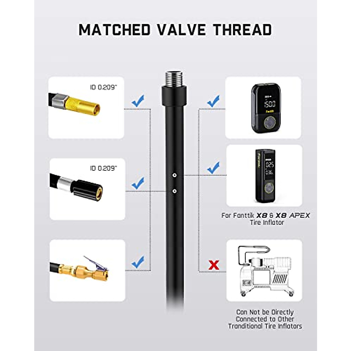 Fanttik Air Pump Hose Adapter, Extension Hose for Schrader and Presta Valve, 19.96'' Locking Tire Chuck Tube, VG8/8V1 Screw Thread Connection, Tire Inflator Universal, Suit for Car, Motorcycle, Bike