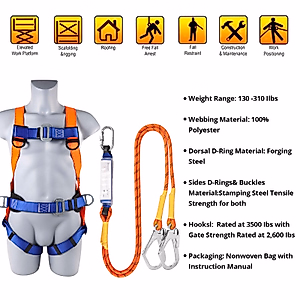 TT TRSMIMA Safety Harness Fall Protection Kit: Full Body Roofing harnesses with Shock Absorbing Lanyard - Updated Comfortable Waist Pad