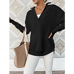 ANRABESS Sweater for Women Oversized Quarter Zip Long Sleeve V Neck Collared Casual Curved Hem Slouchy Ribbed Knit Thumb Hole Pullover Shirt 2023 Fall Winter Trendy Clothes Tops 624heise-M Black