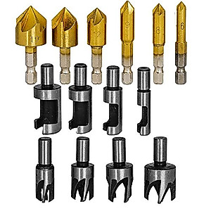 Eagles 14-Pack Woodworking Tool Set, 8PCS 5/8" 1/2" 3/8" 1/4" Carbon Steel Wood Plug Cutter Drill Bit Set and 6pcs 1/4" Hex Shank HSS 5 Flute 90 Degree Countersink Drill Bits