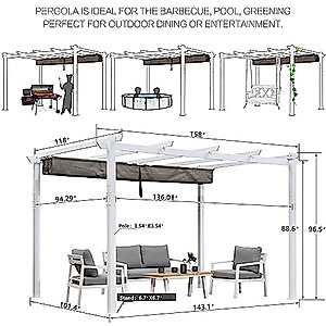 PURPLE LEAF 10' X 13' Outdoor Retractable Pergola with Sun Shade Canopy Cover White Patio Metal Shelter for Garden Porch Yard BBQ Beach Gazebo Grape Trellis Pergola, Gray