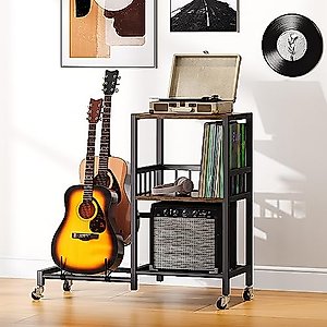 YITAHOME 2-Tier Adjustable Guitar Stand with Storage Shelf and Wheels, Guitar Rack for Multiple Guitars, Acoustic, Bass, Electric Guitar Stand, Suitable for Home, Studio, Band Stages