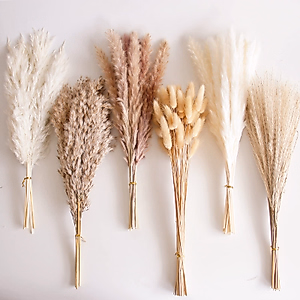 110 PCS Dried Pampas Grass Bouquet, Boho Table Decor, Bunny Tails Dried Flowers, Brown Pompas, White Pampas Grass for Wedding, Home, Rustic Party, Baby Shower Decorations