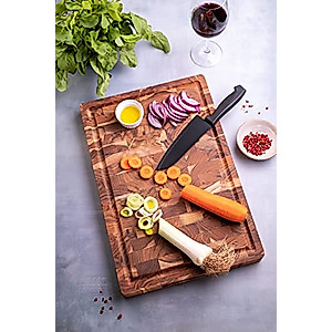 Weekolor, Medium Butcher Block Cutting Board, Teak Wood End Grain, Thick Prep Station 17.3x11.6x1.5 in, Juice Groove, Reversible Charcuterie Board, Vegetable, Bread, Cheese Board (Gift Box Included)