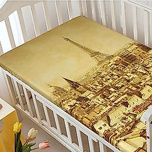 Eiffel Tower Themed Fitted Mini Crib Sheets,Portable Mini Crib Sheets Soft Toddler Mattress Sheet Fitted - Great for Boy or Girl Room or Nursery,24“ x38“,Brown