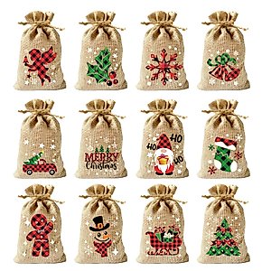 KIMOBER 36PCS Christmas Burlap Gift Bags,Jute Linen Treat Candy Bag with Double Drawstrings for Xmas Party Favor