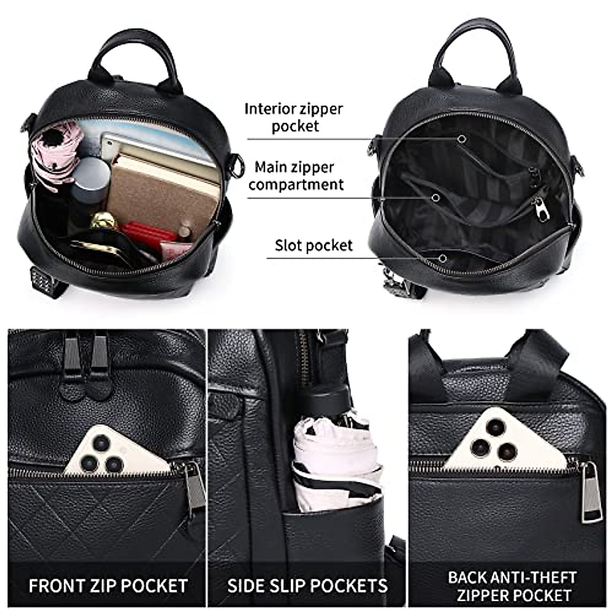 Wesccimo Genuine Leather Backpack Purse For Women Black Quilted Real Soft Leather Convertible Shoulder Bag