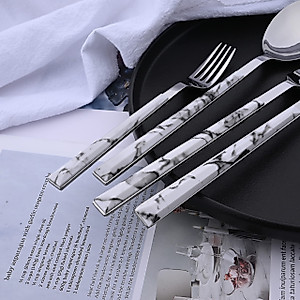 Uniturcky 16-Piece Silverware Set with Dessert Fork, Stainless Steel Flatware Cutlery Set for 4, Mirror Finish Tableware Utensil Set, Marble Texture Handle, Include Knife Fork Spoon(White & Silver)