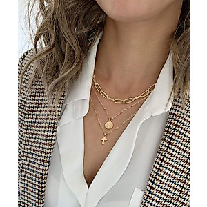 Dainty Tiny 18K Gold St Benedict Medals Layered Cross Necklace for Women Delicate Simple Cute Coin Pendant Statement Double Layering Chain Necklaces Evil Protection Religious Jewelry Catholic Gifts