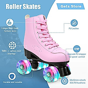Women's Roller Skates PU Leather High-top Roller Skates Four-Wheel Roller Skates Double Row Shiny Roller Skates for Indoor Outdoor (Pink flash,40-US: 8.5)