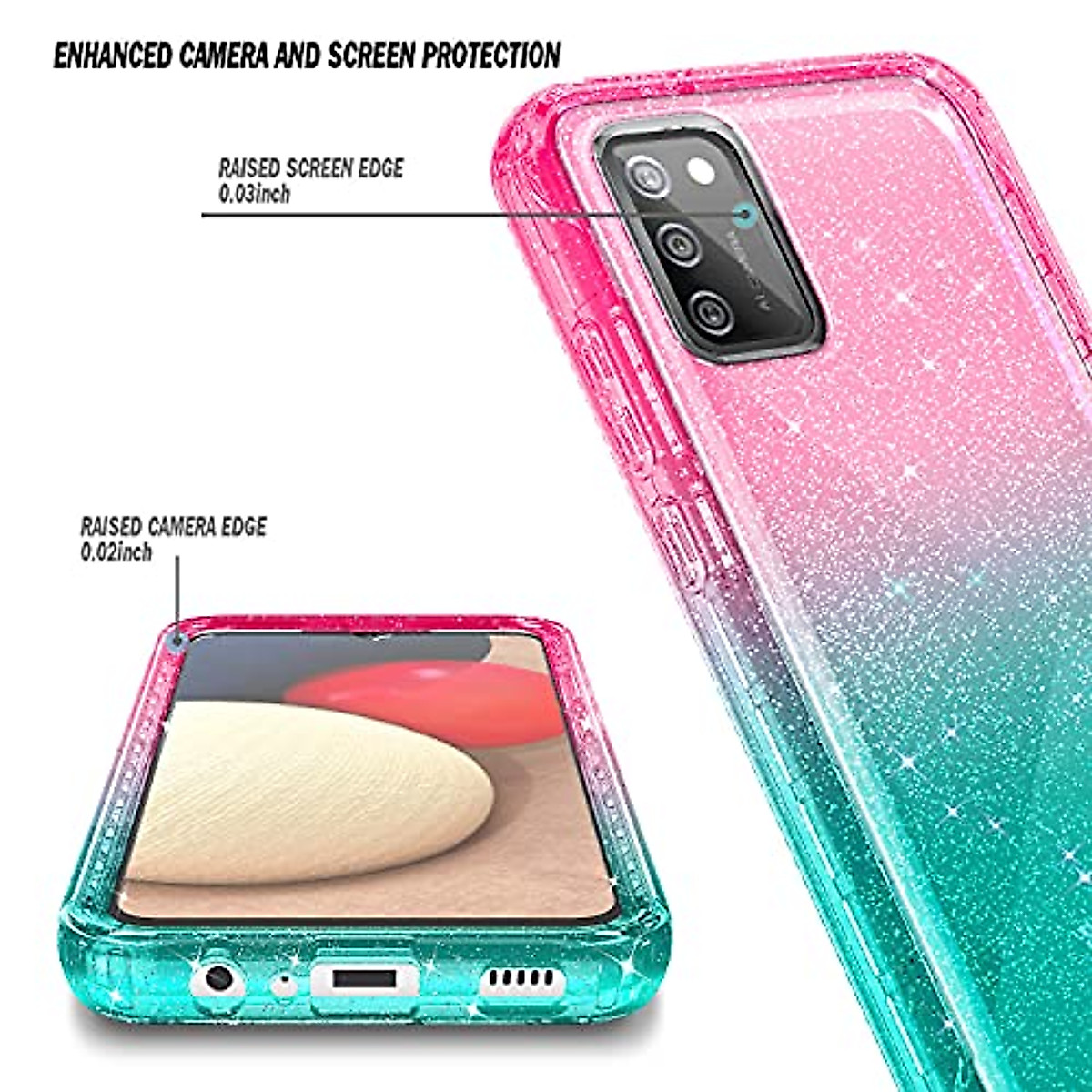 NZND Case for Samsung Galaxy A03S with [Built-in Screen Protector], Full-Body Protective Shockproof Rugged Bumper Cover, Impact Resist Durable Phone Case (Glitter Pink/Aqua)