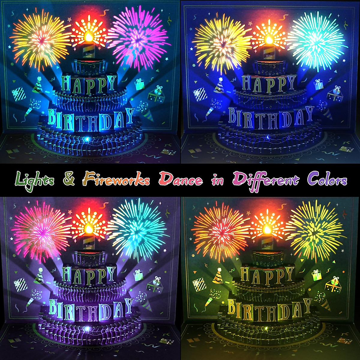 MZD8391 UPGRADED 3D Pop Up Firework Birthday Cards, Musical & LED Lights Birthday Cards with Blowable Birthday Cake, Greeting Cards, Birthday Gifts for Mom Women Men Kids Child Dad Father Wife (Blue)