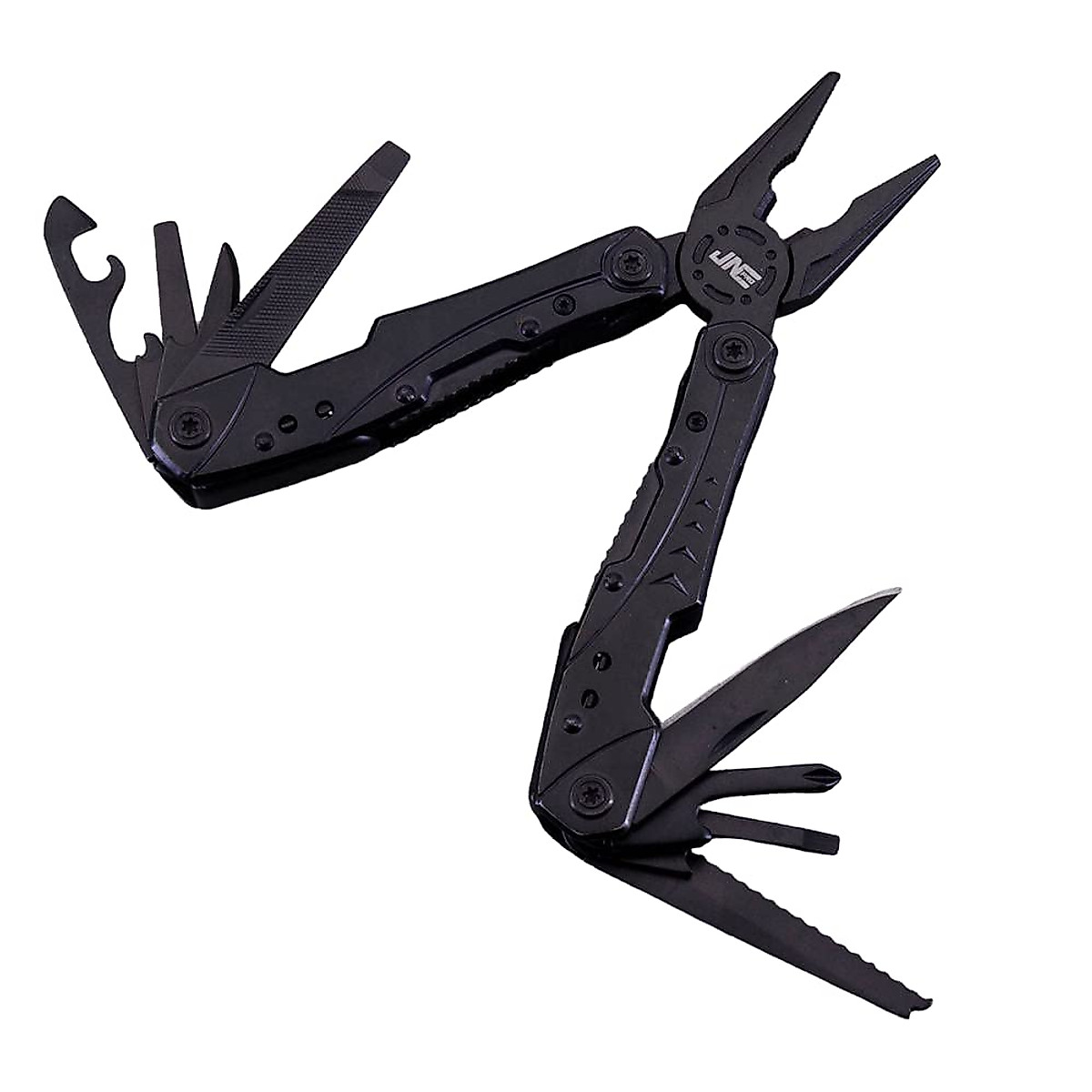 JNEPro Multi Tool | Folding Pocket Knife | 12 in 1 Multi Function Tool w/Nylon Pouch | Stainless Steel | Pliers, Screwdriver & 10 Screw Bits, Bottle/Can Opener, Metal File, Wood Saw | Black
