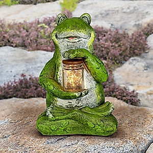 Exhart Garden Sculpture, Frog Solar Garden Statue with Glass Jar, 8 LED Firefly Lights, Outdoor Garden Decoration, 7 x 6 x 11 Inch