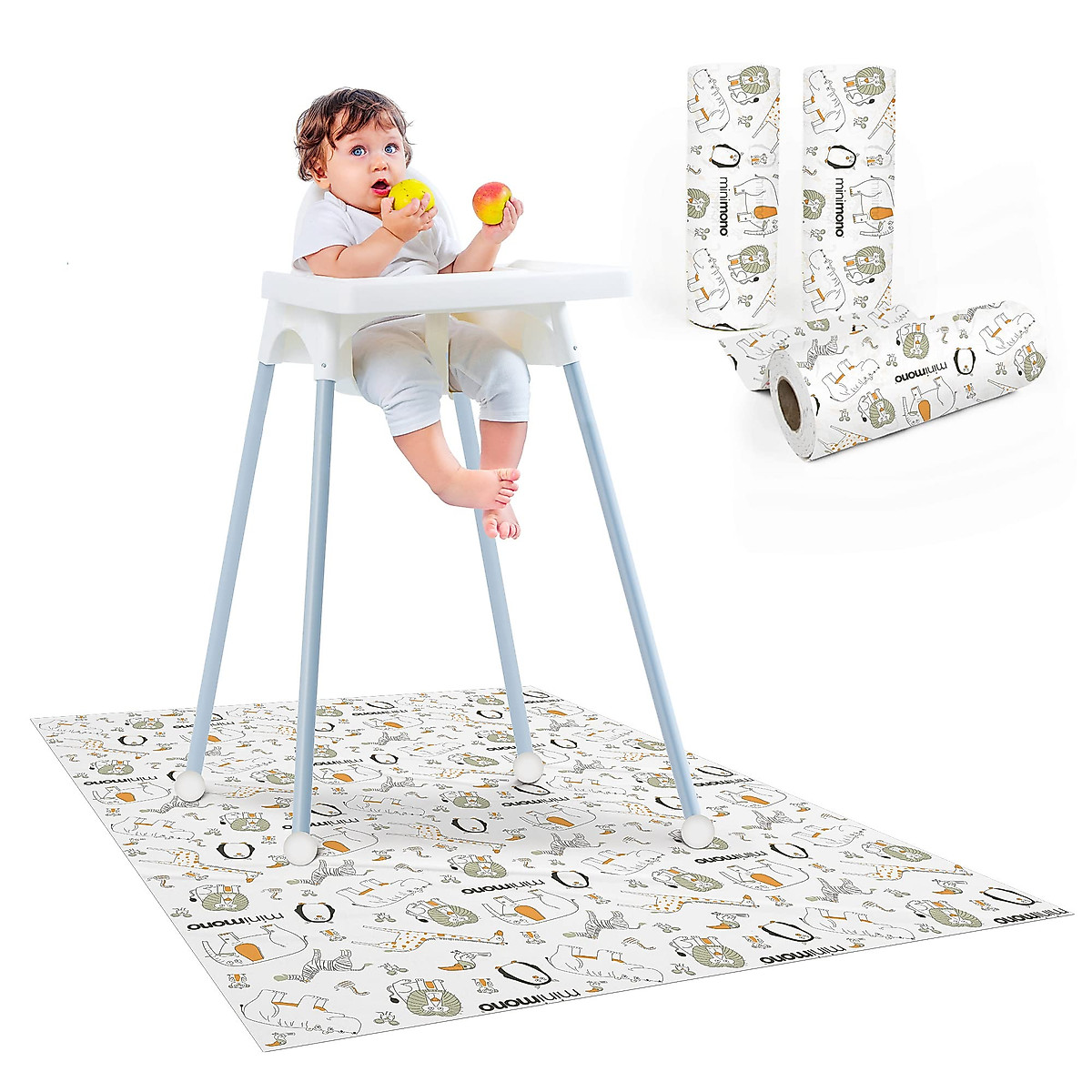 Minimono Baby Splat Mat for Under High Chair - 30 Pcs Disposable and Waterproof Splash Mats - 40"x47" Multipurpose Activity Mat for Picnic Art Craft - Baby Led Weaning Supplies (Penguins)