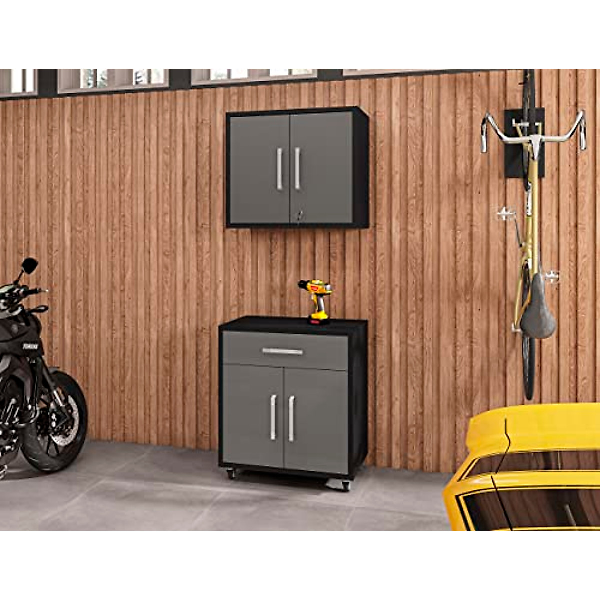 Manhattan Comfort Eiffel Garage Cabinets and Storage System, Set of 2, Matte Black and Grey