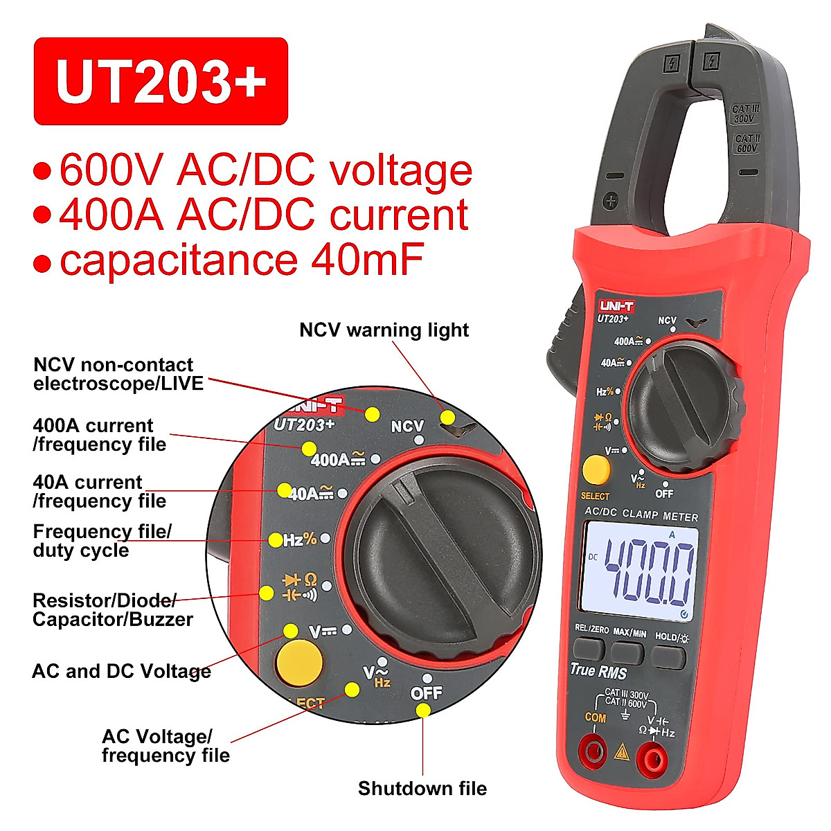 UNI-T UT203+ Digital Clamp Meter AC/DC Current Auto Range True RMS Max/Min Backlight Multimeter