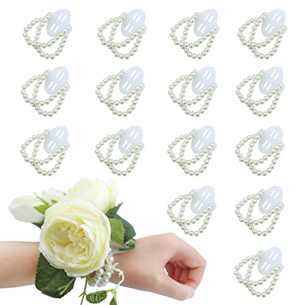 LEEFONE 16 Pieces Elastic Pearl Wrist Corsage Bands Wristlets Stretch Faux Pearl Wedding Wristband DIY Wrist Corsages Accessories for Bride Flowers Prom Beach Party Supplies
