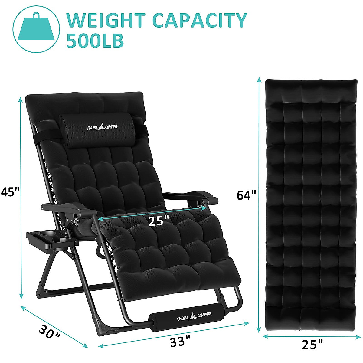 Amopatio Oversized Zero Gravity Chair with Cushion for Indoor & Outdoor, XXL 33In Patio Folding Reclining Lounge Chair with Tray/Footrest/Headrest, Black