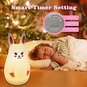 Yariaii Cute Bunny Kids Night Light, Kawaii Silicone Nightlights for Kids Bedroom, Toddler Animal Silicone LED Lamp, Timer Auto Shutoff, Portable Squishy Silicone Lamp Room Decor Decorations, White