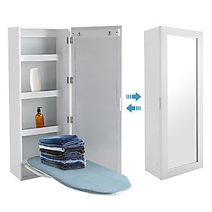 Wall Mount Ironing Board Cabinet, Built-in Swivel Ironing Board Foldable with Storage, Wall Hanging with Mirror, White