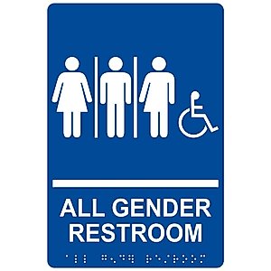 ComplianceSigns.com All Gender Restroom Sign, ADA-Compliant Braille and Raised Letters, 9x6 inch Blue Acrylic with Adhesive Mounting Strips