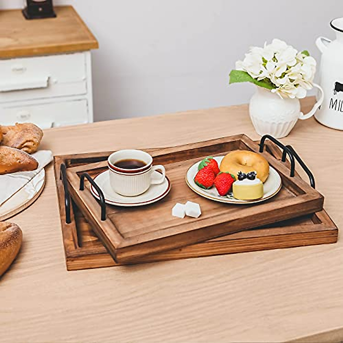Ottoman Tray with Handles Set of 2 Serving Tray for Coffee Table Decorative Tray Rustic Rectangular Tray for Food Dinner Breakfast Kitchen Bedroom Living Room Housewarming Gift, Large & Small, Brown