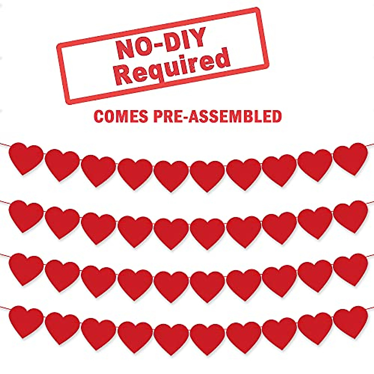 Felt, Red Heart Garland for Valentines Day Decor - Pack of 40, No DIY | Valentine Garland for Valentines Day Decoration | Galentines Day Decorations | Heart Garland, Romantic Decorations Special Night