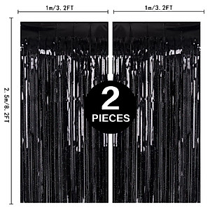 2 Pack 3.2ft x 8.2ft Black Tinsel Foil Fringe Curtain, Sparkle Metallic Foil Backdrop for Party Photo Booth Props New Years Eve Birthday Bridal Shower Bachelorette Holiday Decorations Supplies