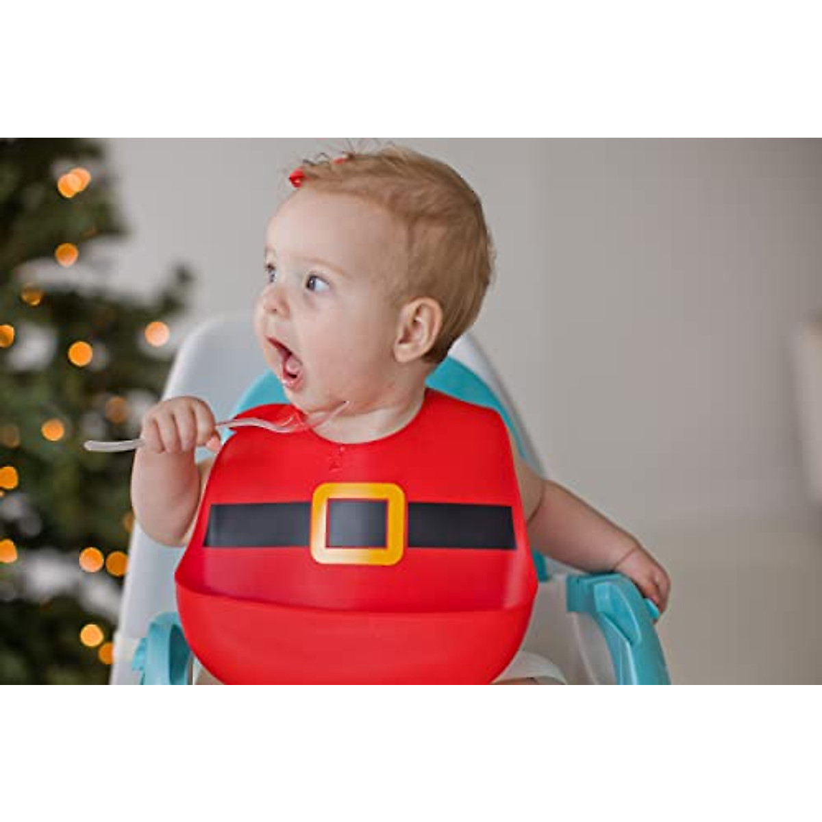Little Holly Dear Santa Silicone Bib Set, Christmas Silicone Bibs with Food Catcher, Soft Adjustable Fit Toddler Bibs, Dishwasher Safe Baby Bibs, Feeding Accessory for New & Expecting Parents